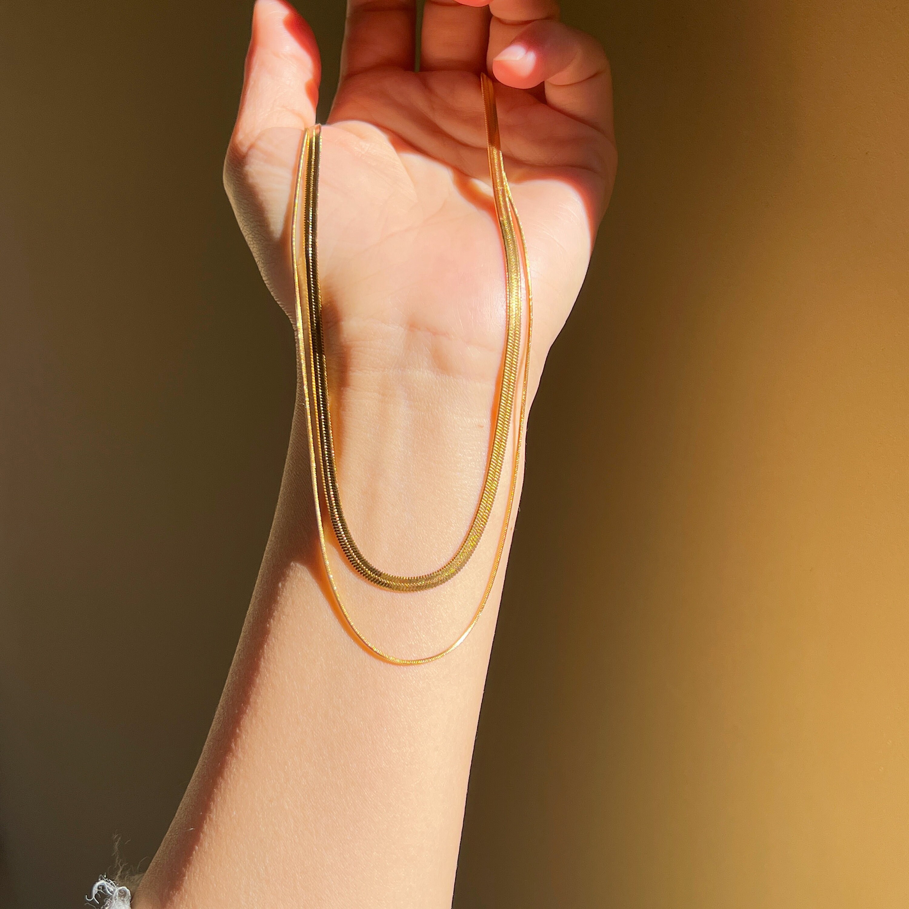 Duo Chain Herringbone Necklace, Layered Snake Chain Necklace Set, Flat ...