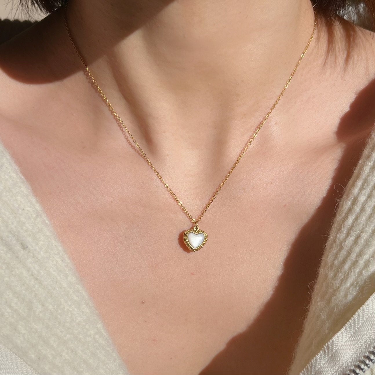 Gold Heart Pendant Necklace, Nature White Shell, Vintage French Style ...