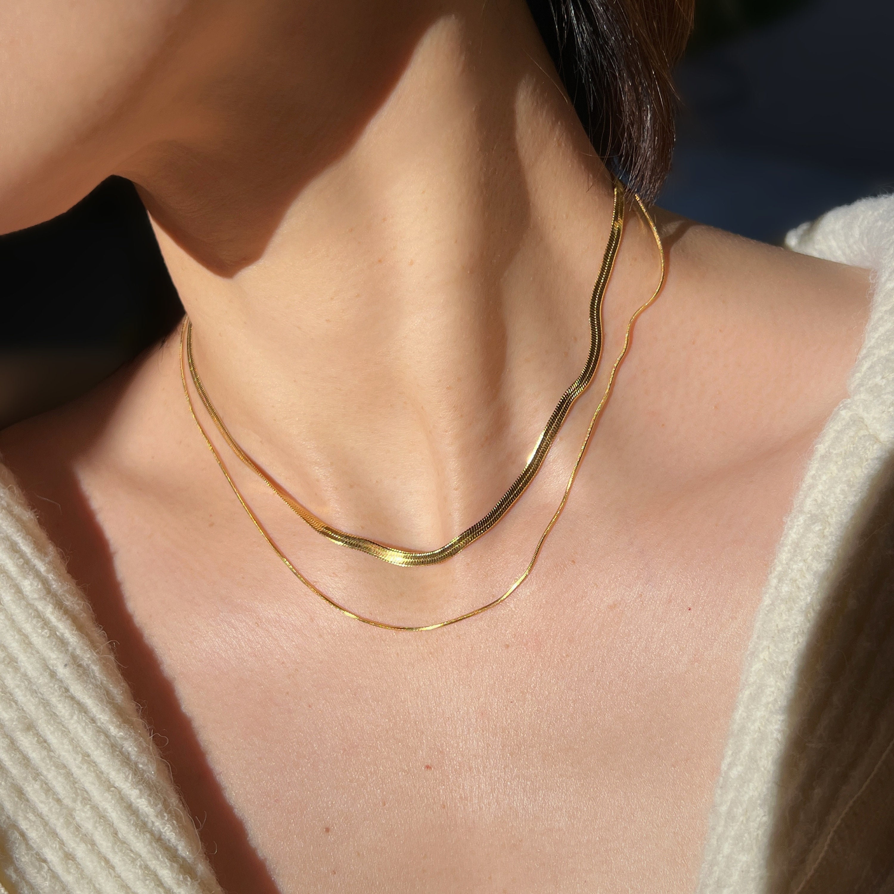 Duo Chain Herringbone Necklace, Layered Snake Chain Necklace Set, Flat ...