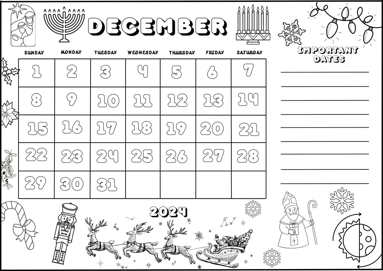 Printable Coloring Calendar 2024 for Kids, Traceable Numbers, Printable ...