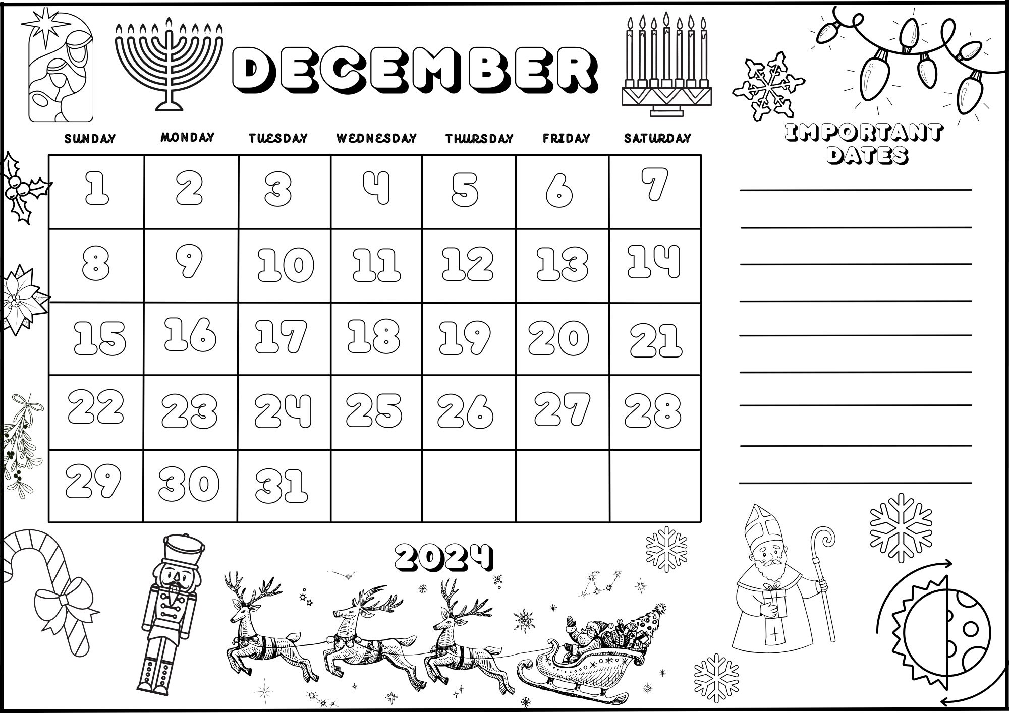 Printable Coloring Calendar 2024 for Kids, Traceable Numbers, Printable ...