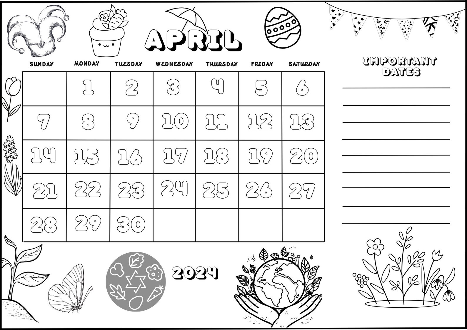 Printable Coloring Calendar 2024 for Kids, Traceable Numbers, Printable ...