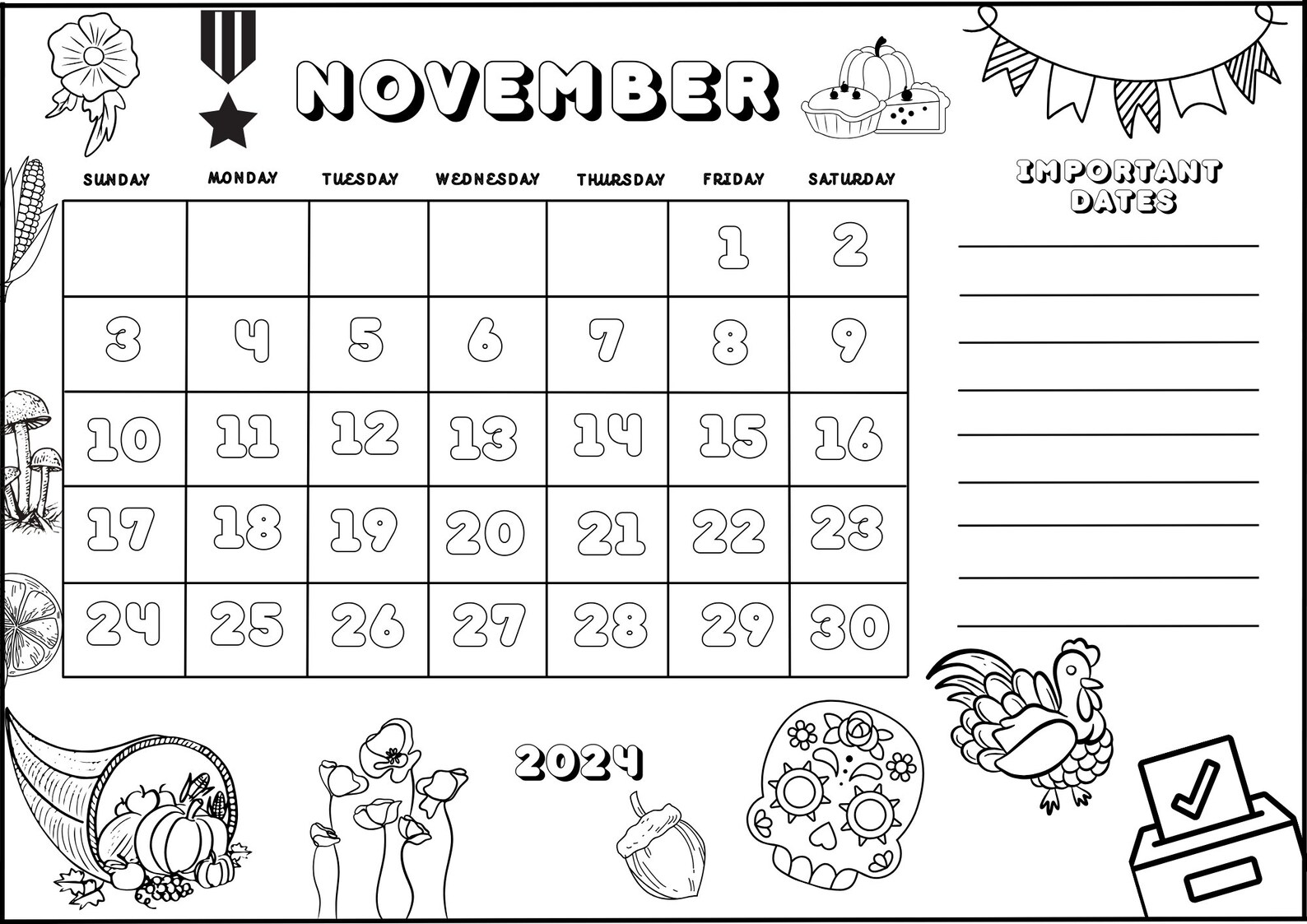 Printable Coloring Calendar 2024 for Kids, Traceable Numbers, Printable ...