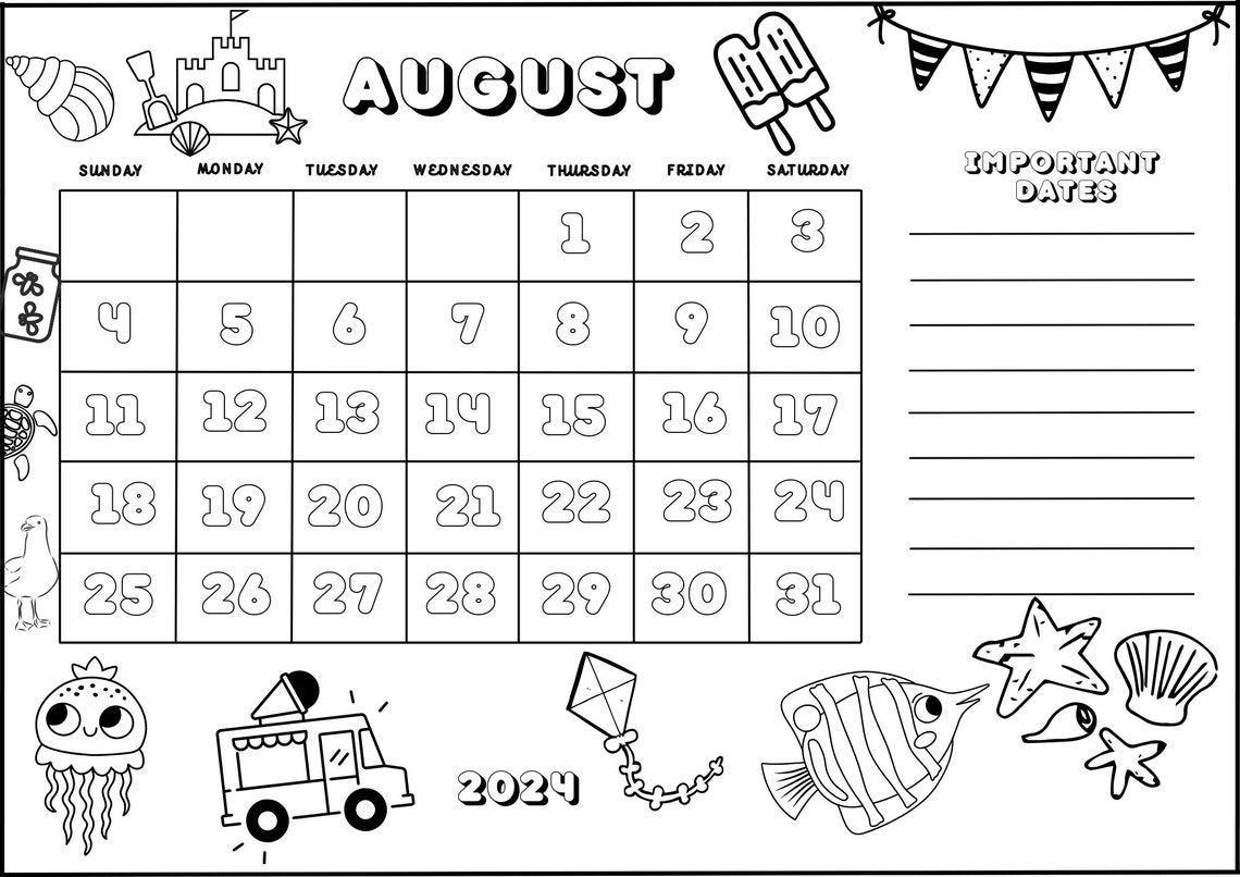 Printable Coloring Calendar 2024 for Kids, Traceable Numbers, Printable ...