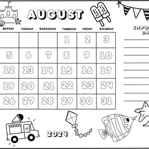 Printable Coloring Calendar 2024 for Kids, Traceable Numbers, Printable ...