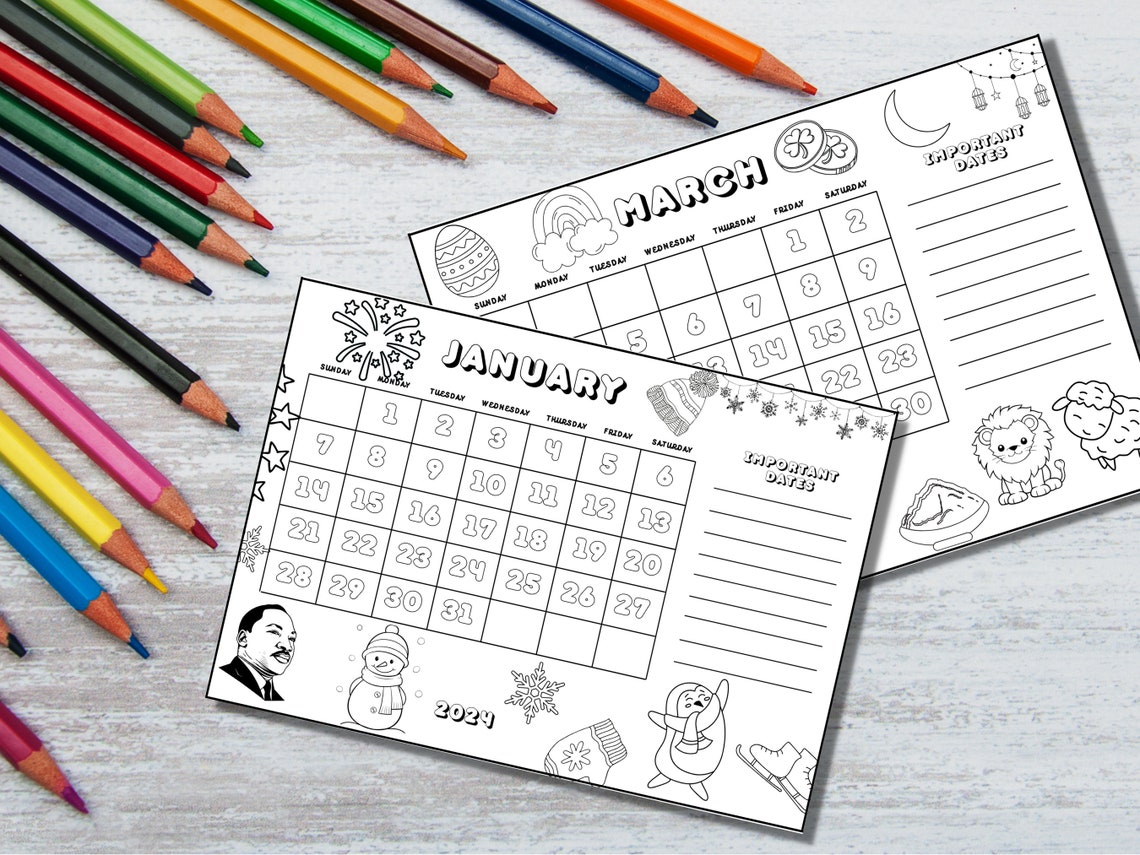 Printable Coloring Calendar 2024 for Kids, Traceable Numbers, Printable ...