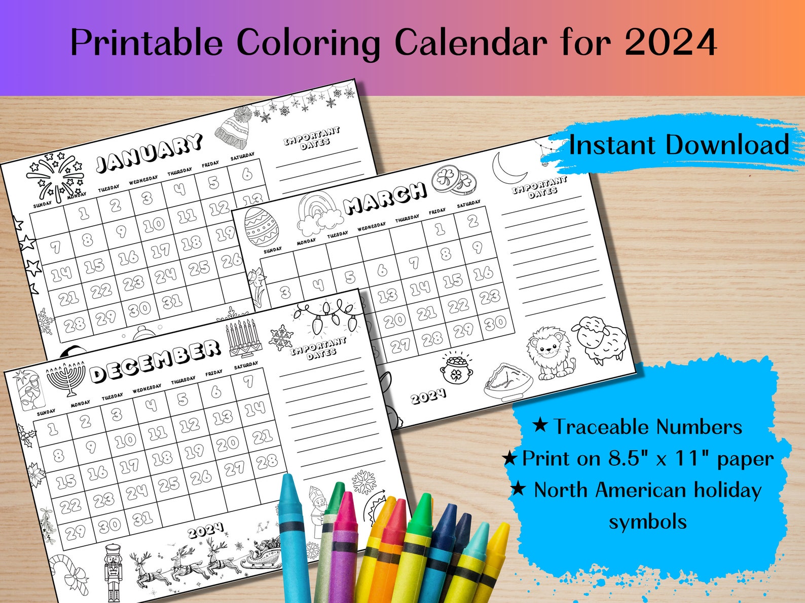 Printable Coloring Calendar 2024 for Kids, Traceable Numbers, Printable ...