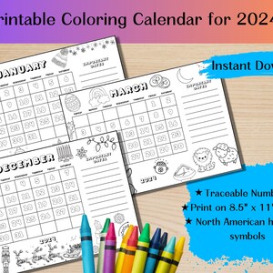 Printable Coloring Calendar 2024 for Kids, Traceable Numbers, Printable ...