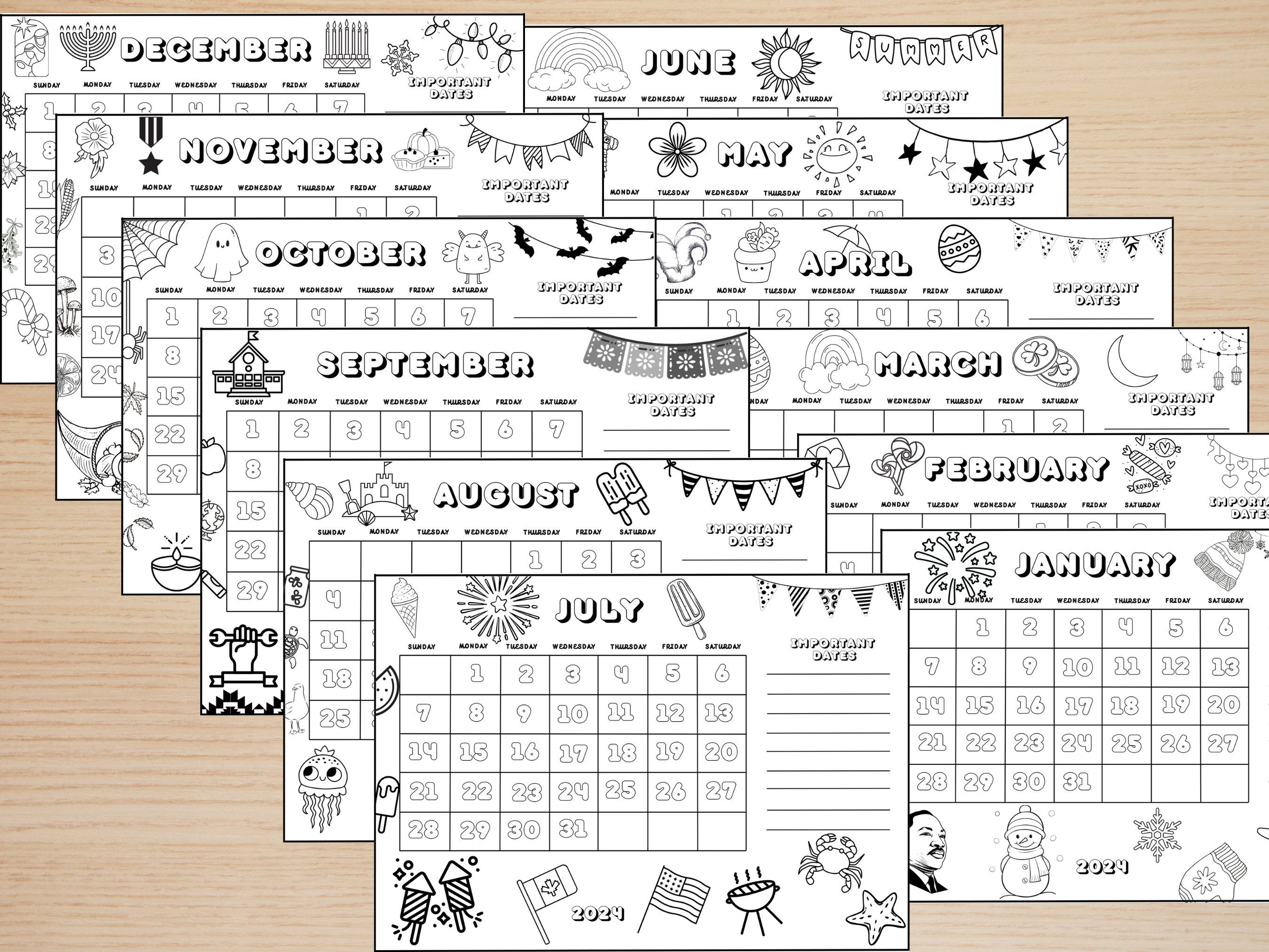 Printable Coloring Calendar 2024 for Kids, Traceable Numbers, Printable ...