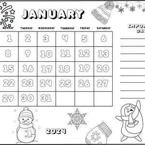 Printable Coloring Calendar 2024 for Kids, Traceable Numbers, Printable ...