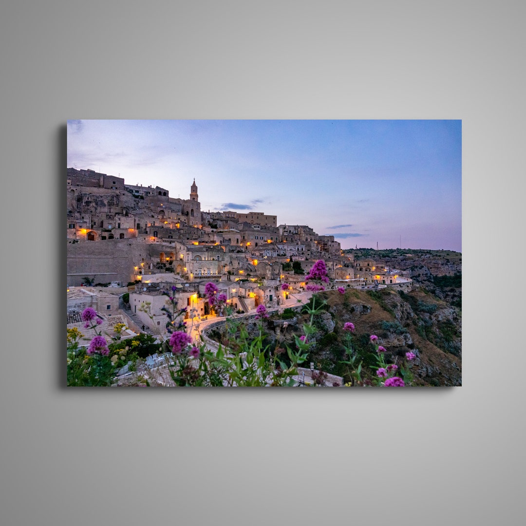 Matera Lights Wall Art Canvas | Matera Italy Photo | Violet Sky ...