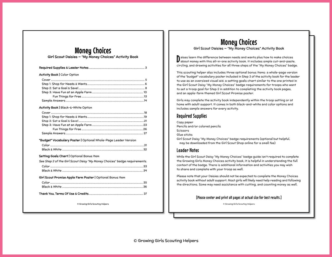 Girl Scout Daisies: my Money Choices Printable Activity Book Badge ...