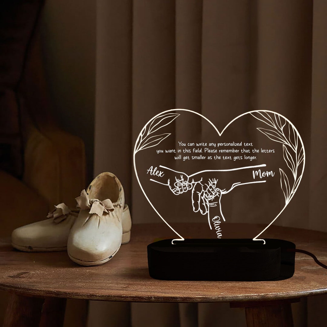 Personalized Mom and Kid Hands Heart Night Light, Custom Mother's Day ...