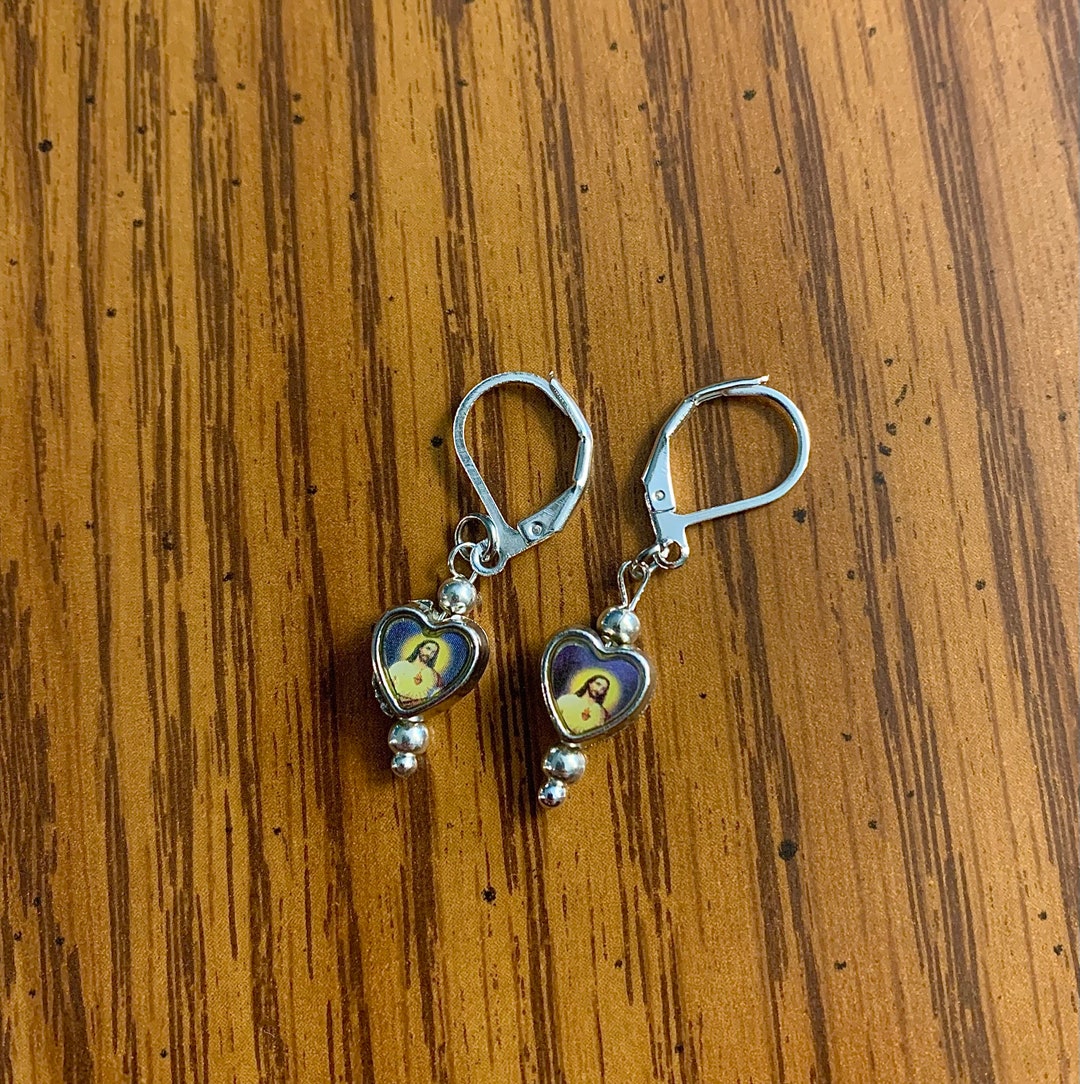 Silver Sacred Heart of Jesus Earrings - Etsy