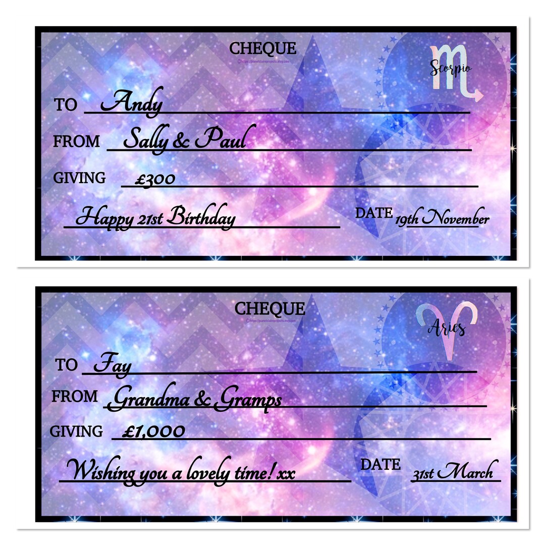 Star Sign Printable Personalised Cheque Gift - Etsy