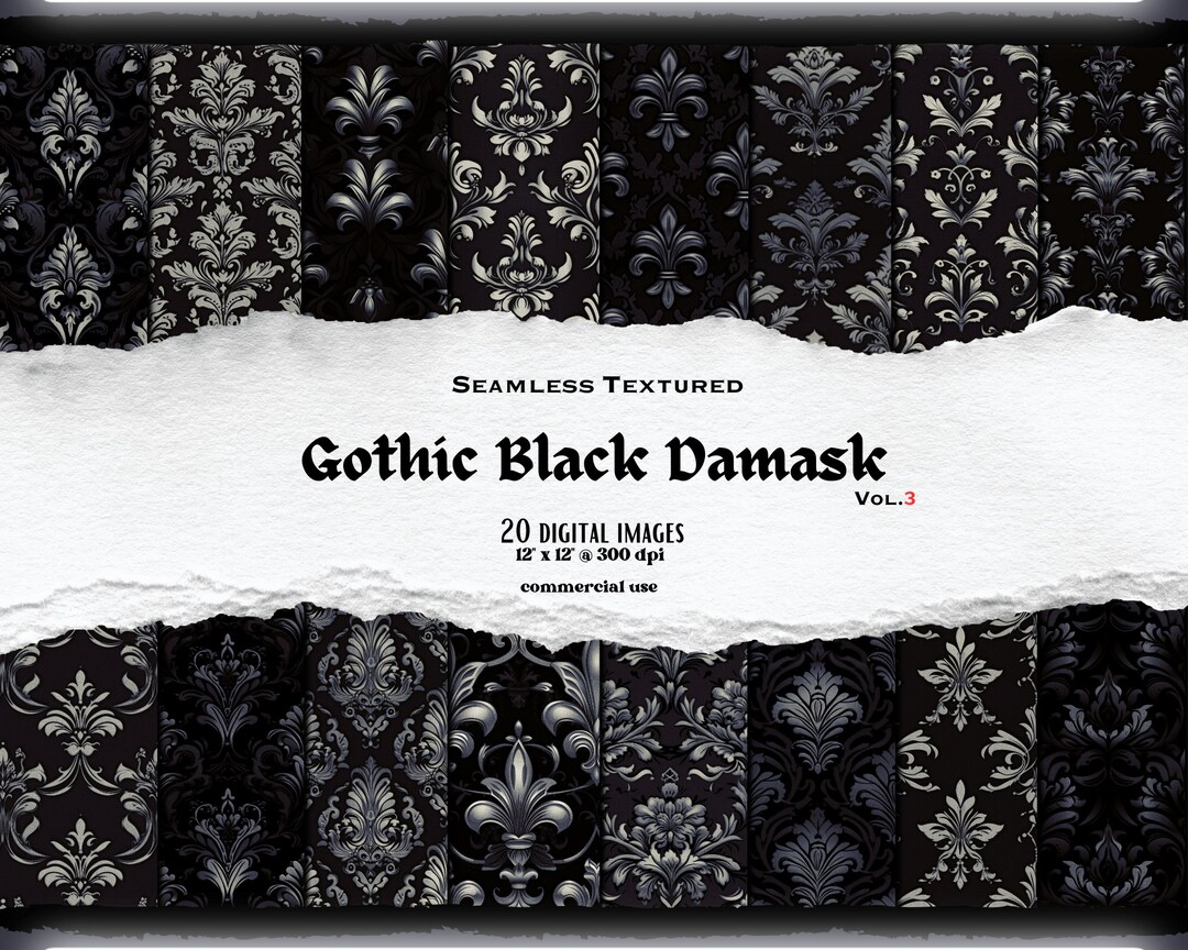 Gothic Textured Black Damask Seamless Pattern Digital Paper Printable ...