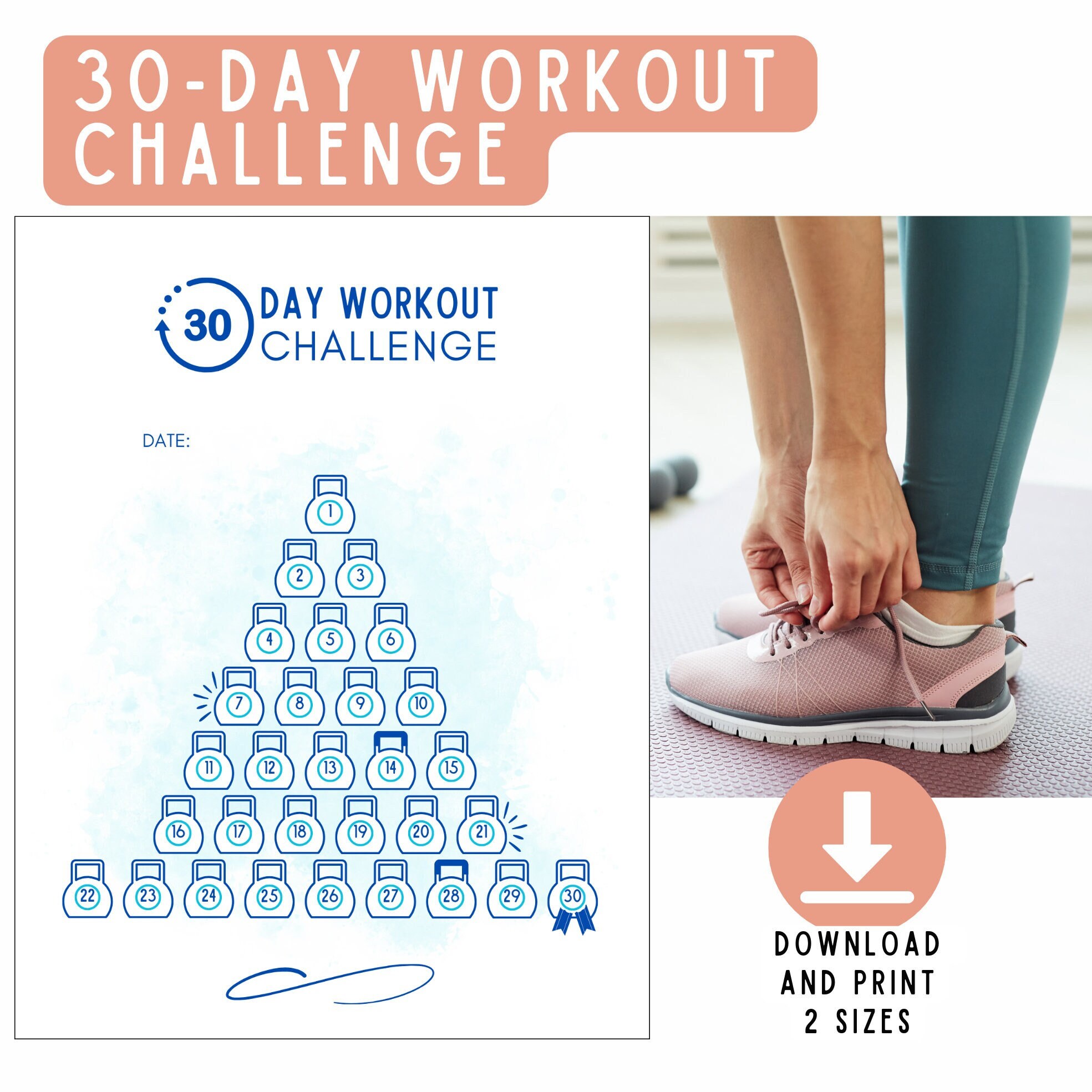 30-day Workout Challenge Printable | Blue Fitness Tracker PDF - Etsy