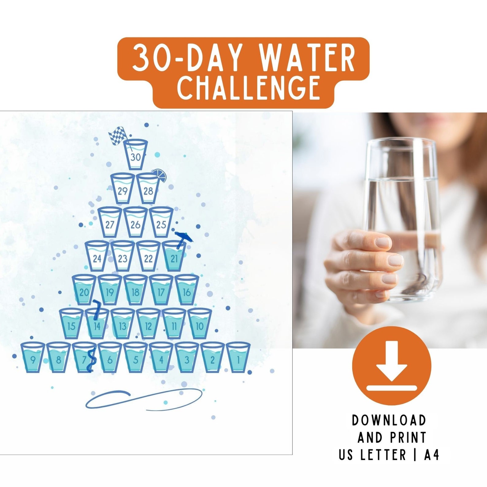 30-day Drink Water Challenge | Printable Hydration Log (A4, US Letter ...