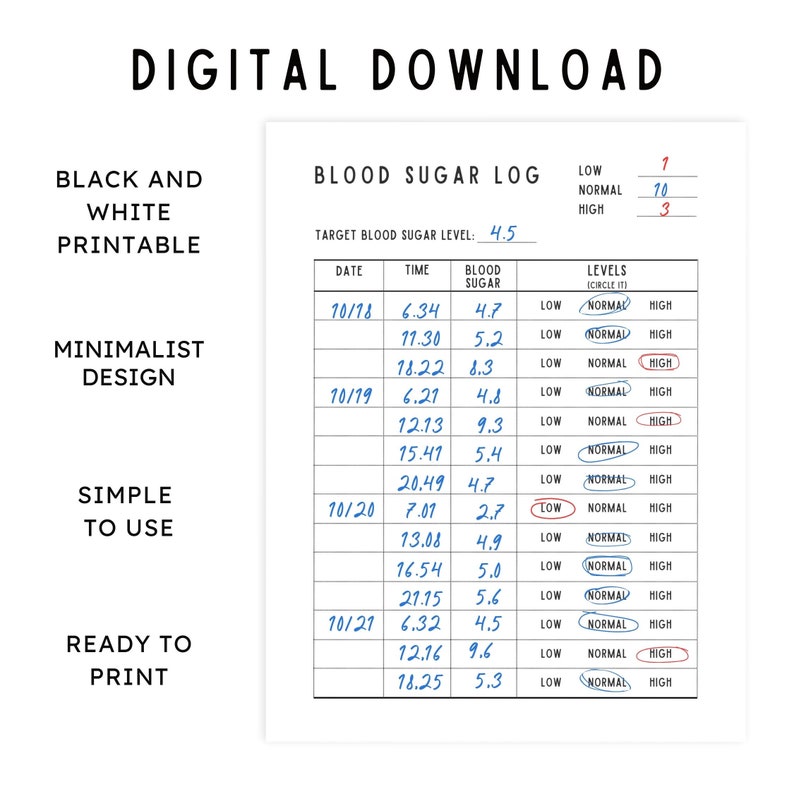 Blood Sugar Log // Printable Diabetes Tracker // Instant - Etsy