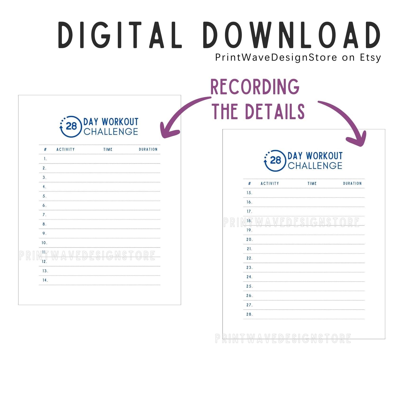 28-day Workout Challenge Printable Navy & Blue / Fitness Tracker for 28 ...