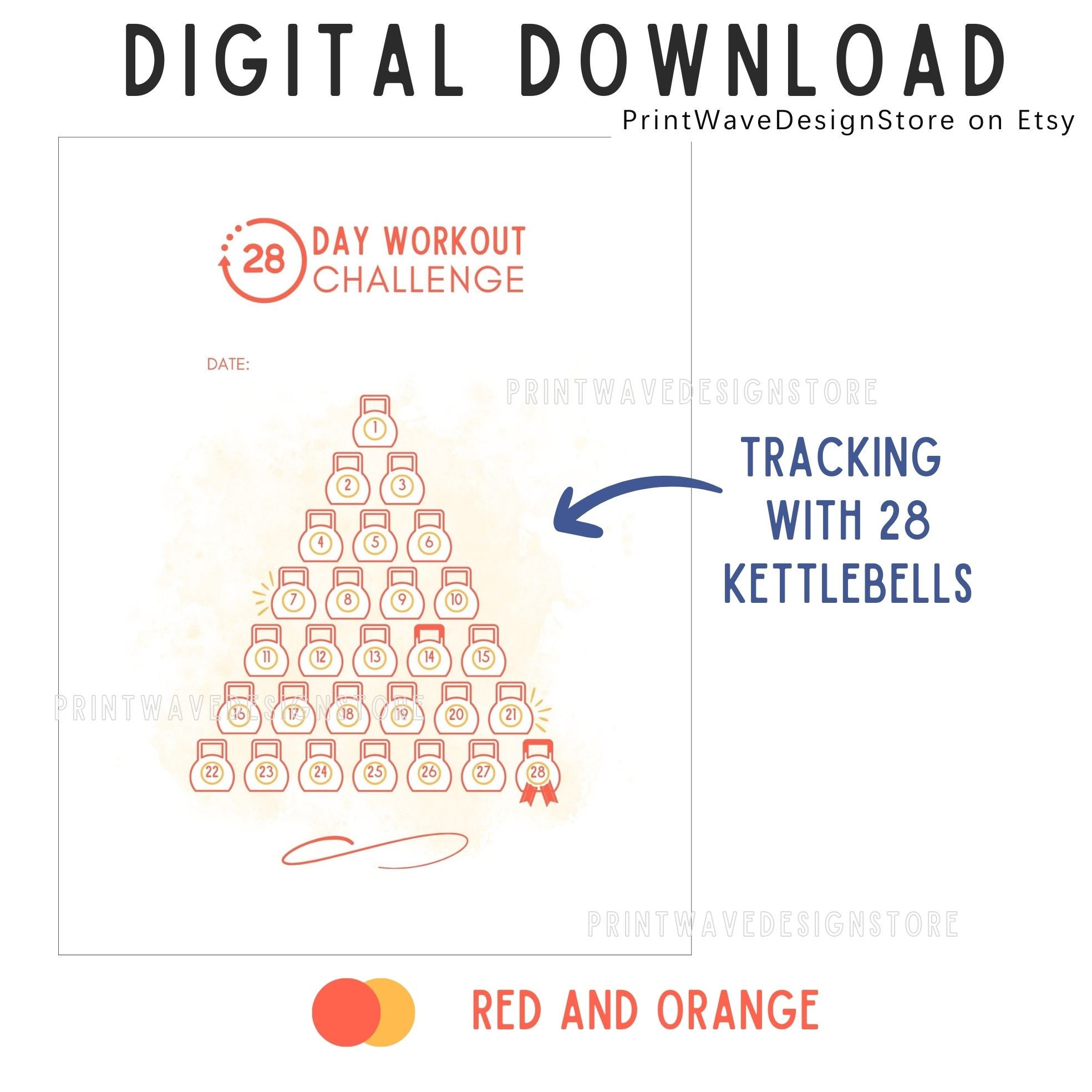 28-day Workout Challenge Printable Red and Orange / 28 Days Fitness ...