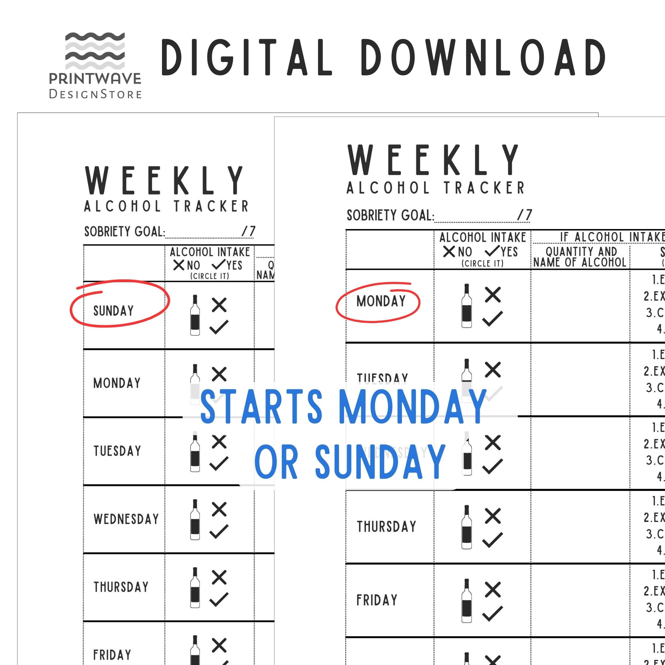 Weekly Alcohol Tracker Printable // Alcohol Track / No Drink Trackers ...
