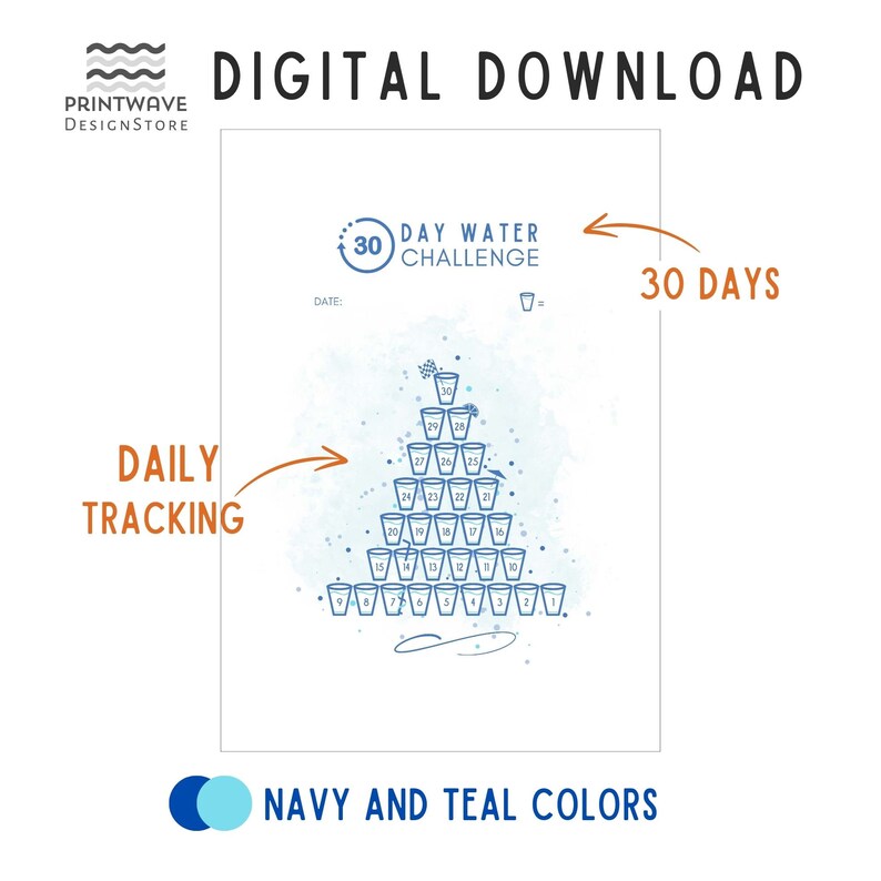 30-day Drink Water Challenge | Printable Hydration Log (A4, US Letter ...