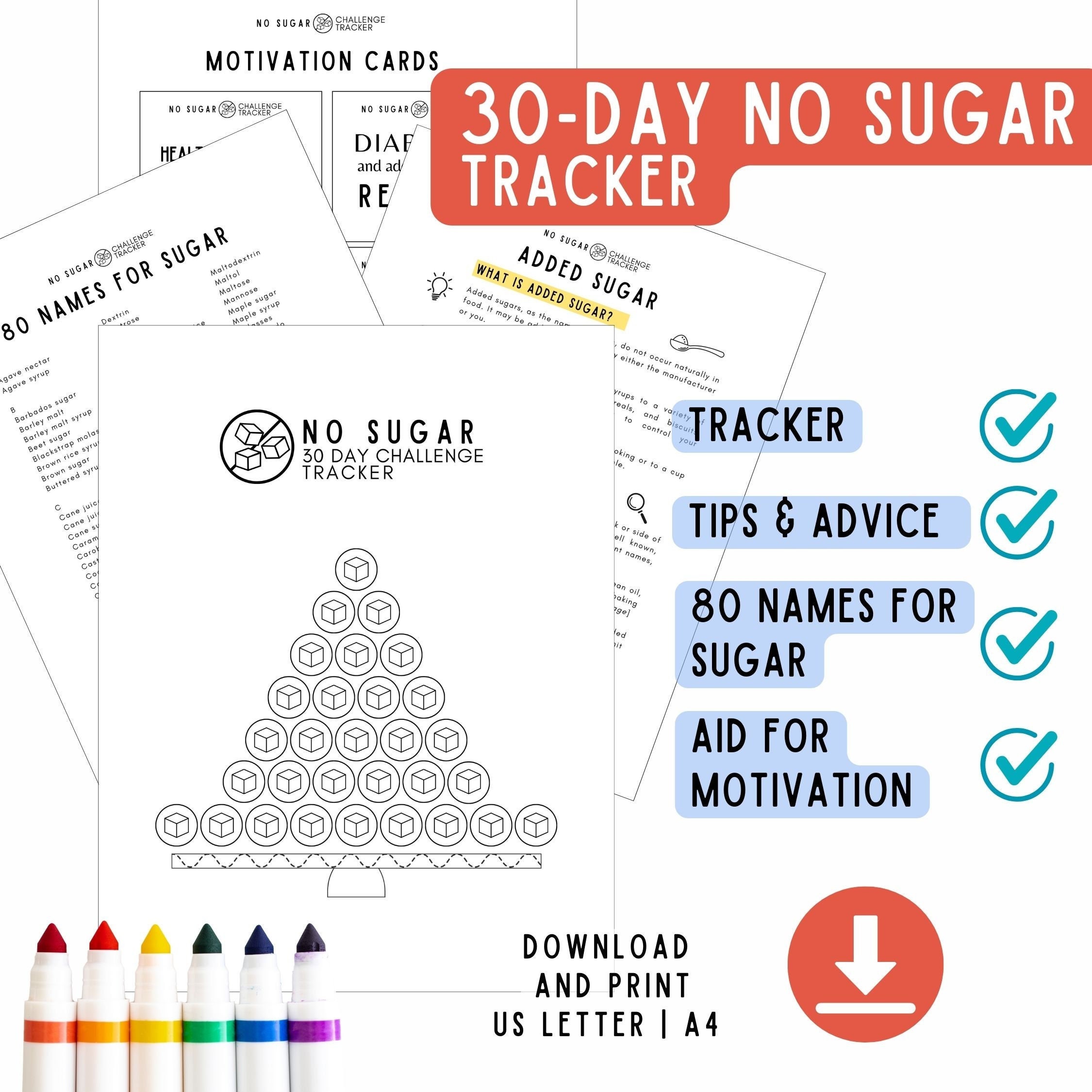 30-day No Sugar Tracker Printable / No-sugar Diet and Motivation Cards ...