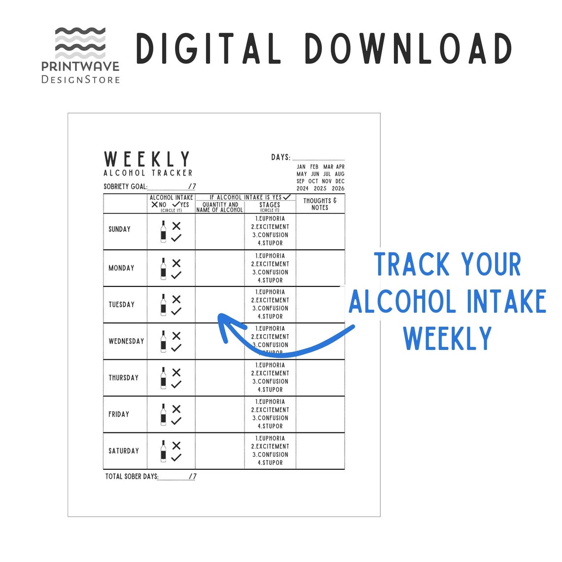Weekly Alcohol Tracker Printable, Habit Diary (digital Download) - Etsy