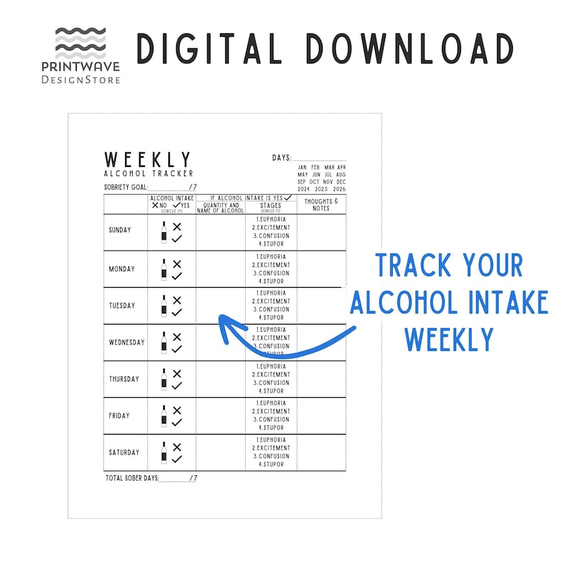 Weekly Alcohol Tracker Printable // Alcohol Track / No Drink Trackers ...