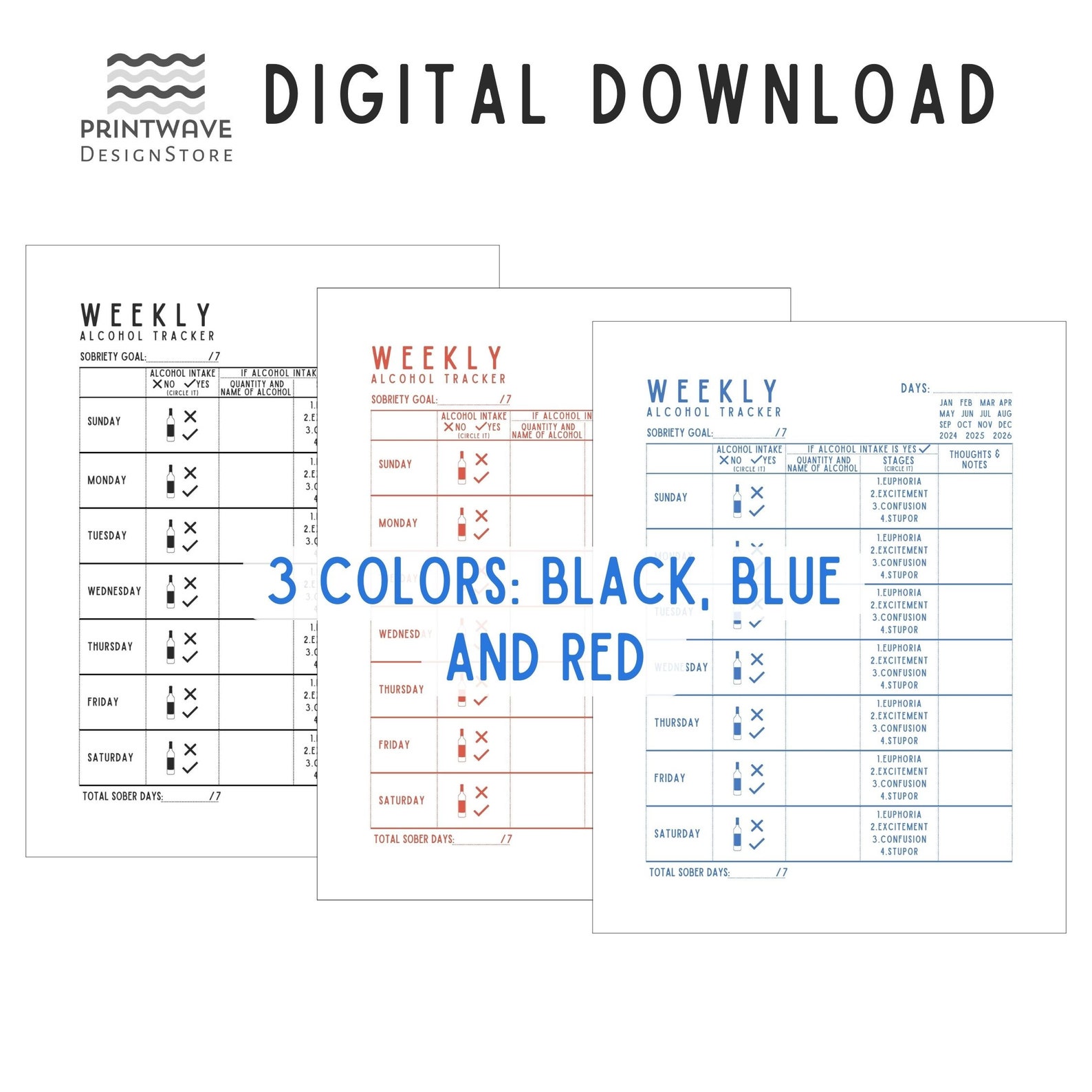 Weekly Alcohol Tracker Printable // Alcohol Track / No Drink Trackers ...