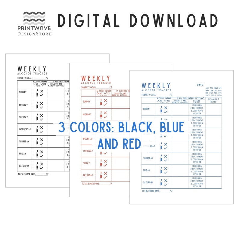 Weekly Alcohol Tracker Printable // Alcohol Track / No Drink Trackers ...