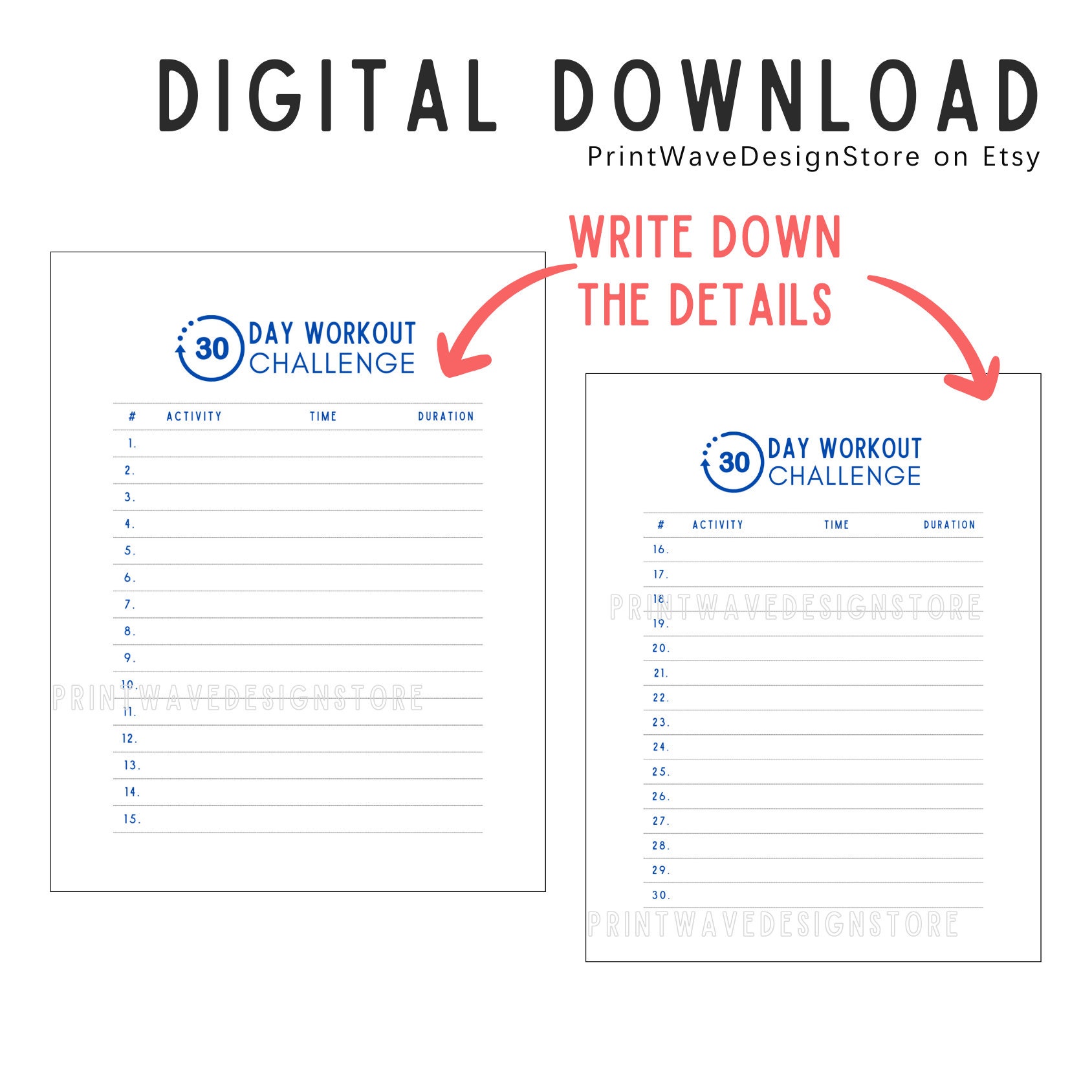 30-day Workout Challenge Printable | Blue Fitness Tracker PDF - Etsy