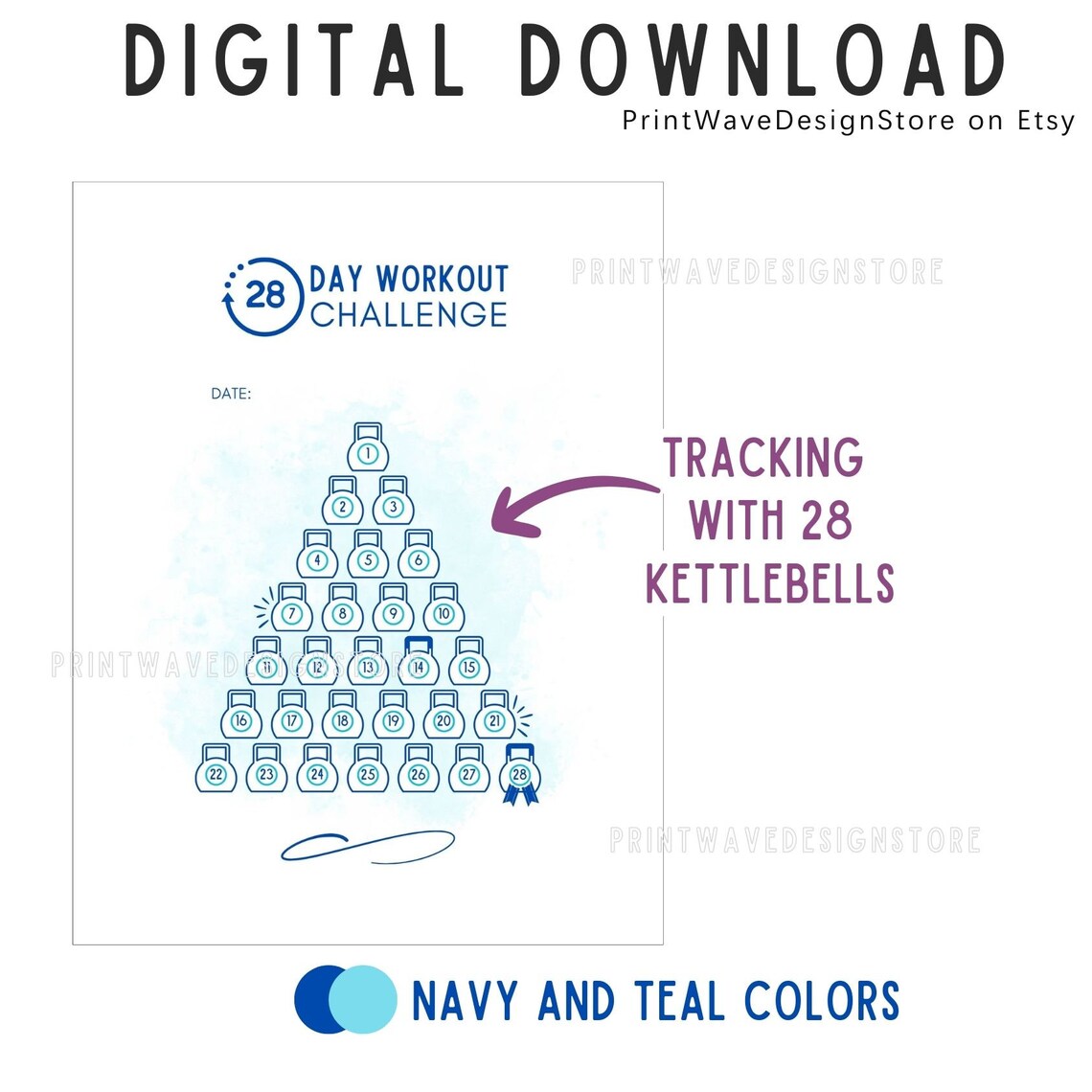28-day Workout Challenge Printable Navy & Blue / Fitness Tracker for 28 ...