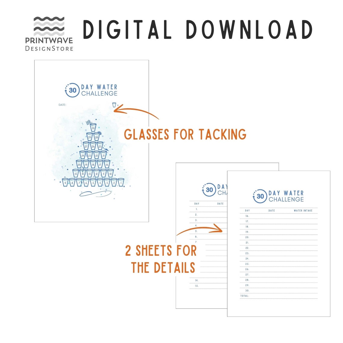 30-day Drink Water Challenge | Printable Hydration Log (A4, US Letter ...