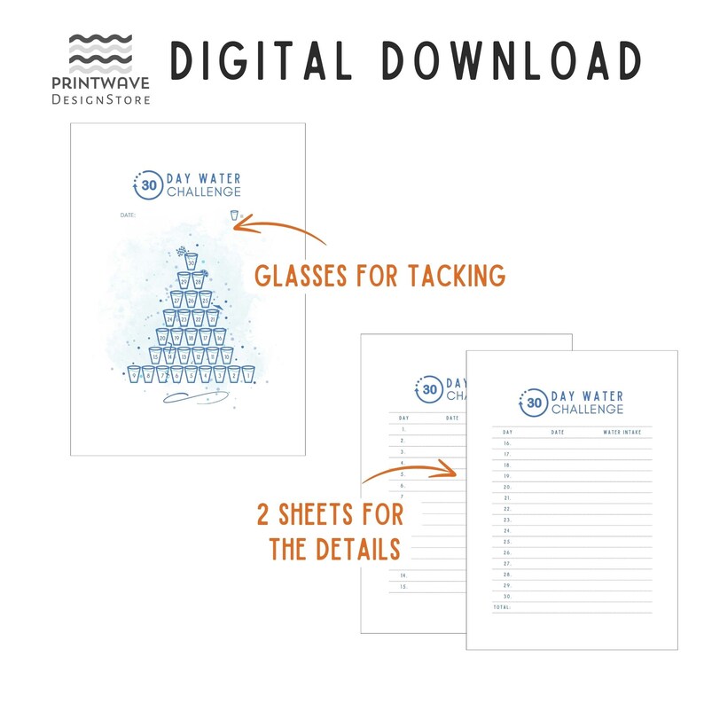 30-day Drink Water Challenge | Printable Hydration Log (A4, US Letter ...
