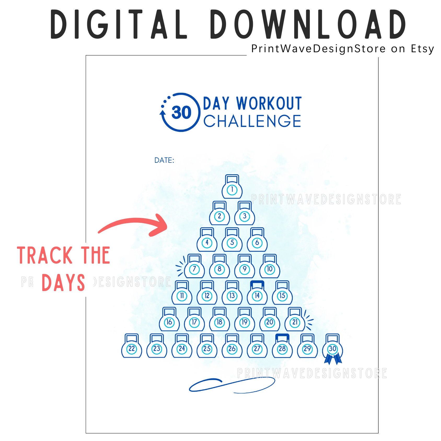 30-day Workout Challenge Printable | Blue Fitness Tracker PDF - Etsy