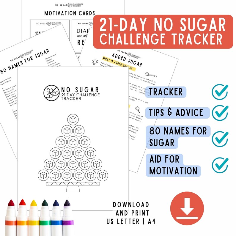21-day No Sugar Challenge Printable Sugar Intake Tracker & Motivation ...