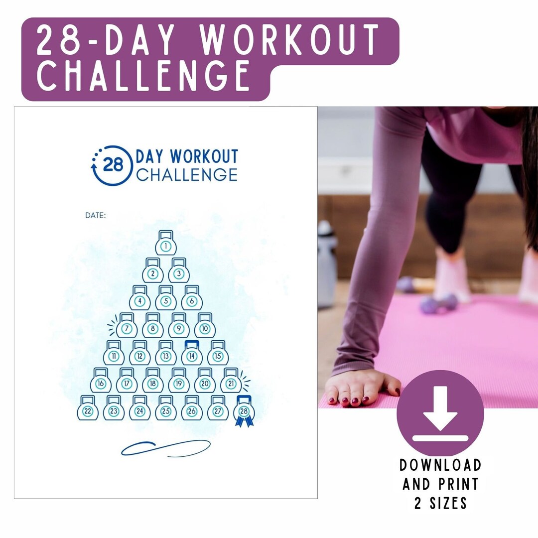 28-day Workout Challenge Printable Navy & Blue / Fitness Tracker for 28 ...