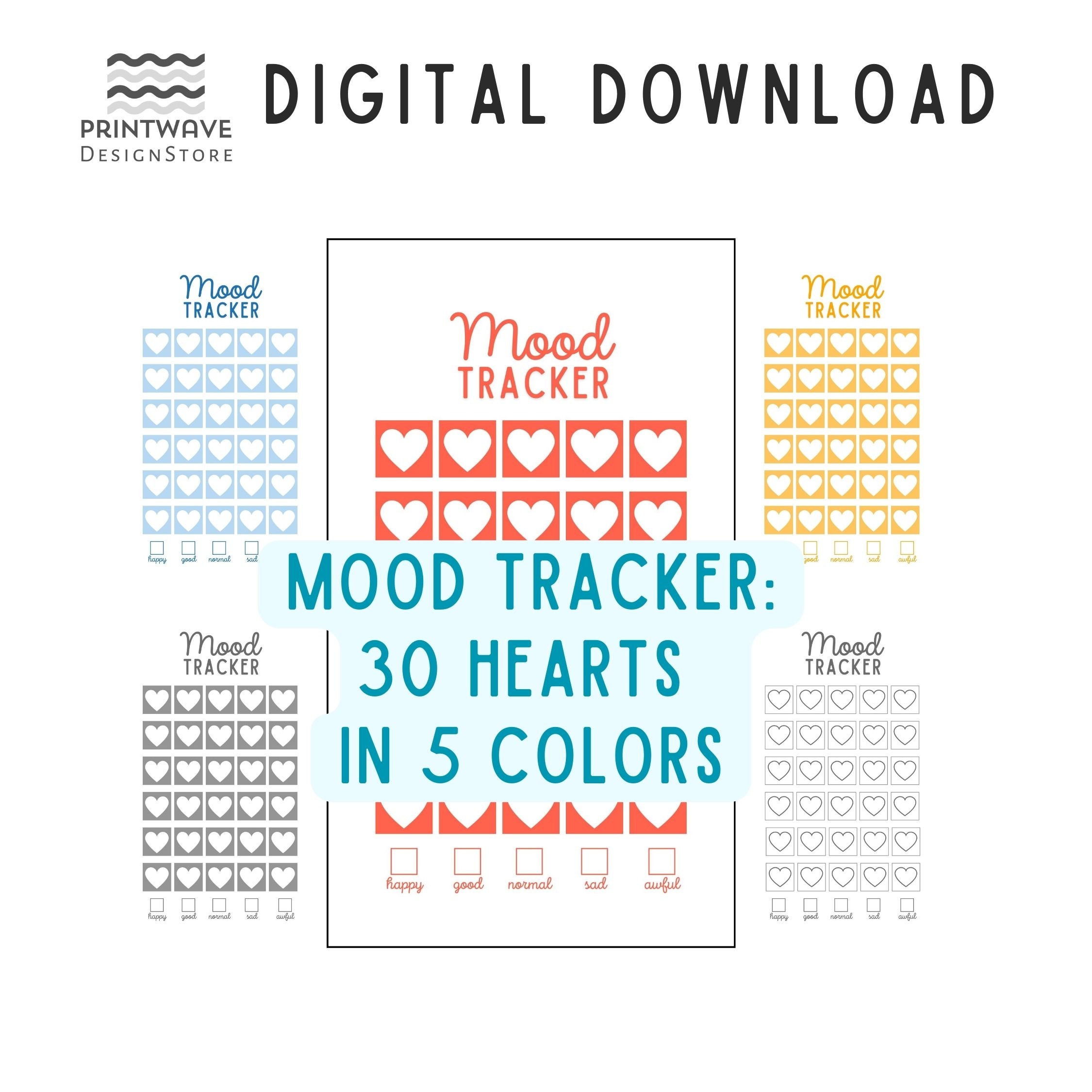 Heart Mood Tracker Printable 30-day Daily Log in 5 Colors PDF A4, US ...