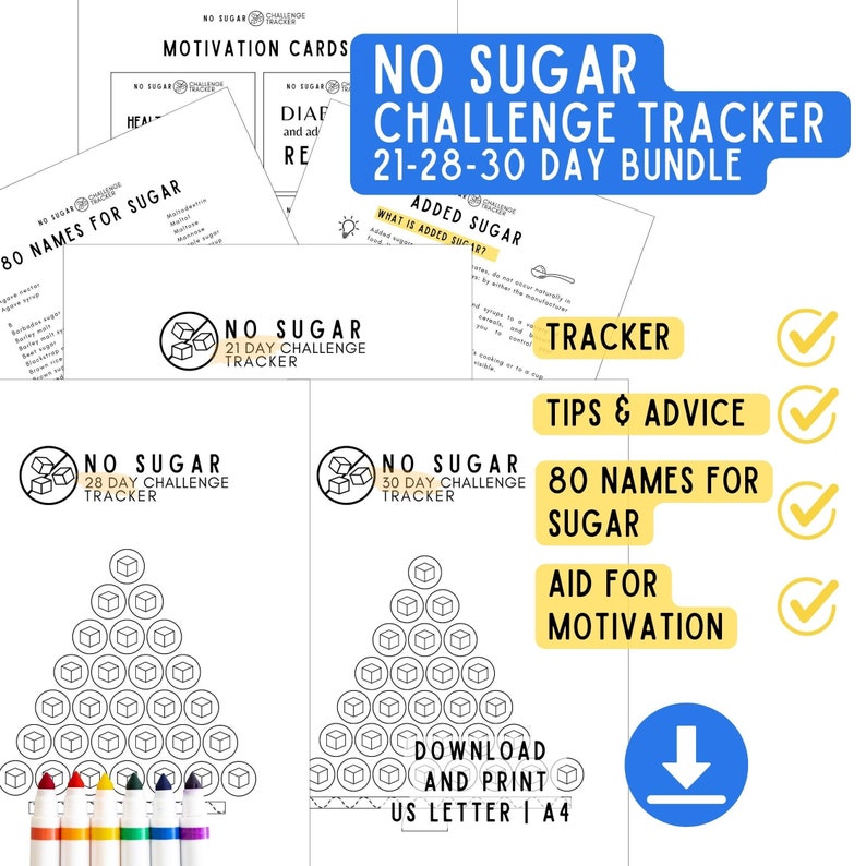 No Sugar Challenge Tracker Printable / 21, 28, 30 Day No-sugar ...