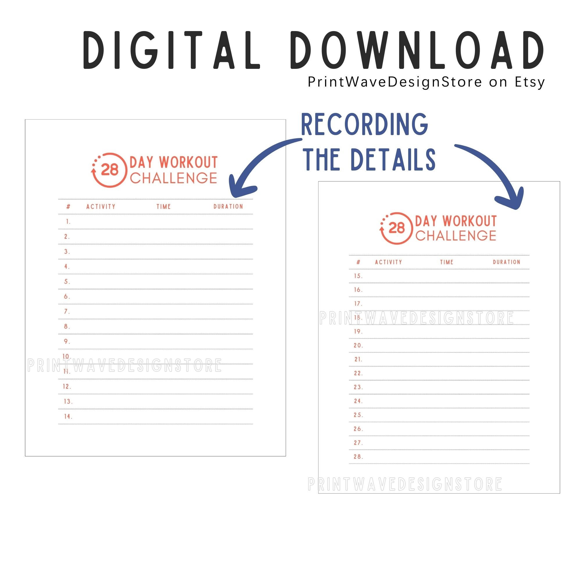 28-day Workout Challenge Printable Red and Orange / 28 Days Fitness ...