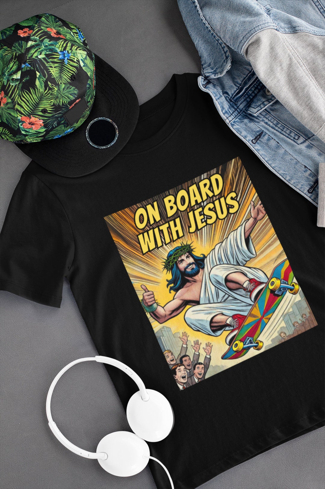 Jesus Skateboard T-shirt on Board With Jesus Funny Christian Skater ...