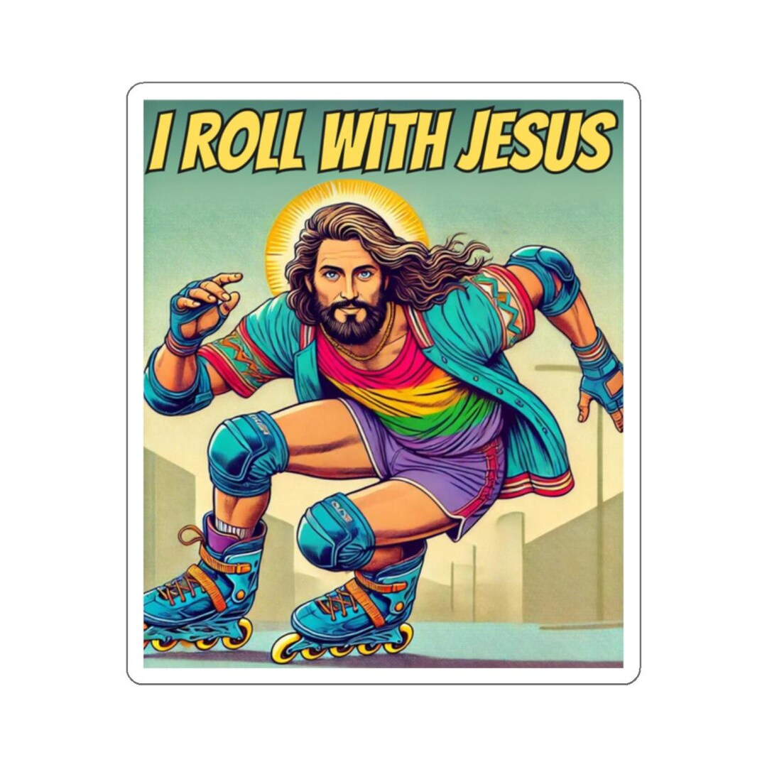 Roll With Jesus Sticker Funny Holy Roller Christian Skating Christ ...