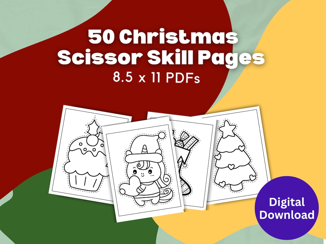 50 Christmas Coloring and Scissor Skill Pages | Scissor Skill Printable ...