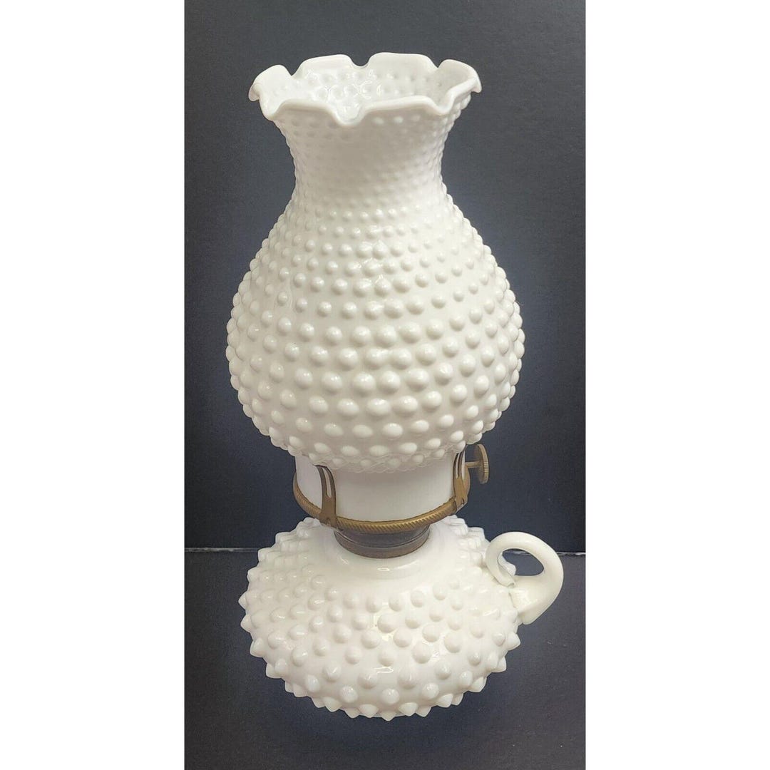Fenton White Milk Glass Hobnail Courting Oil Lamp Shade Finger Handle ...