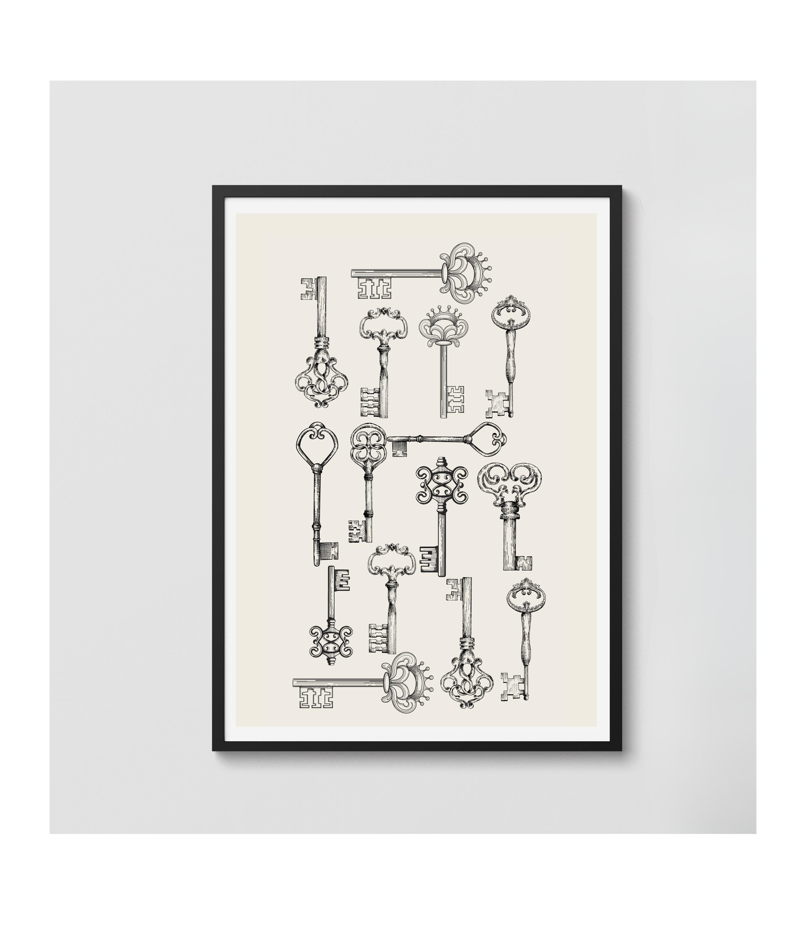 Vintage Key Printable, Neutral Shades Decor, Antique Key Illustrations ...