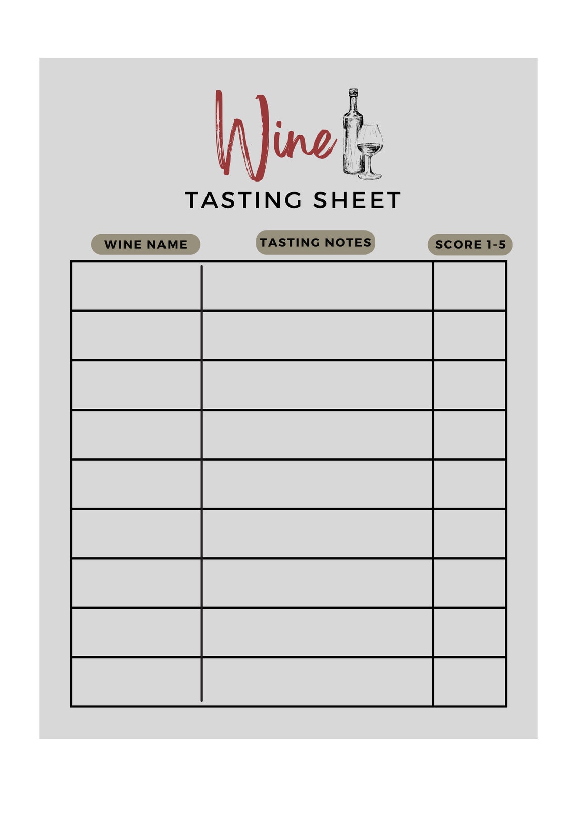 Wine Rating Digital Sheet, Wine Score Cards, Wine Enthusiasts Tasting ...