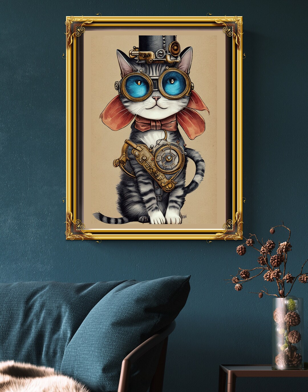Steampunk Cat Digital Print, Wall Decor Vintage Cat Print, Printable ...