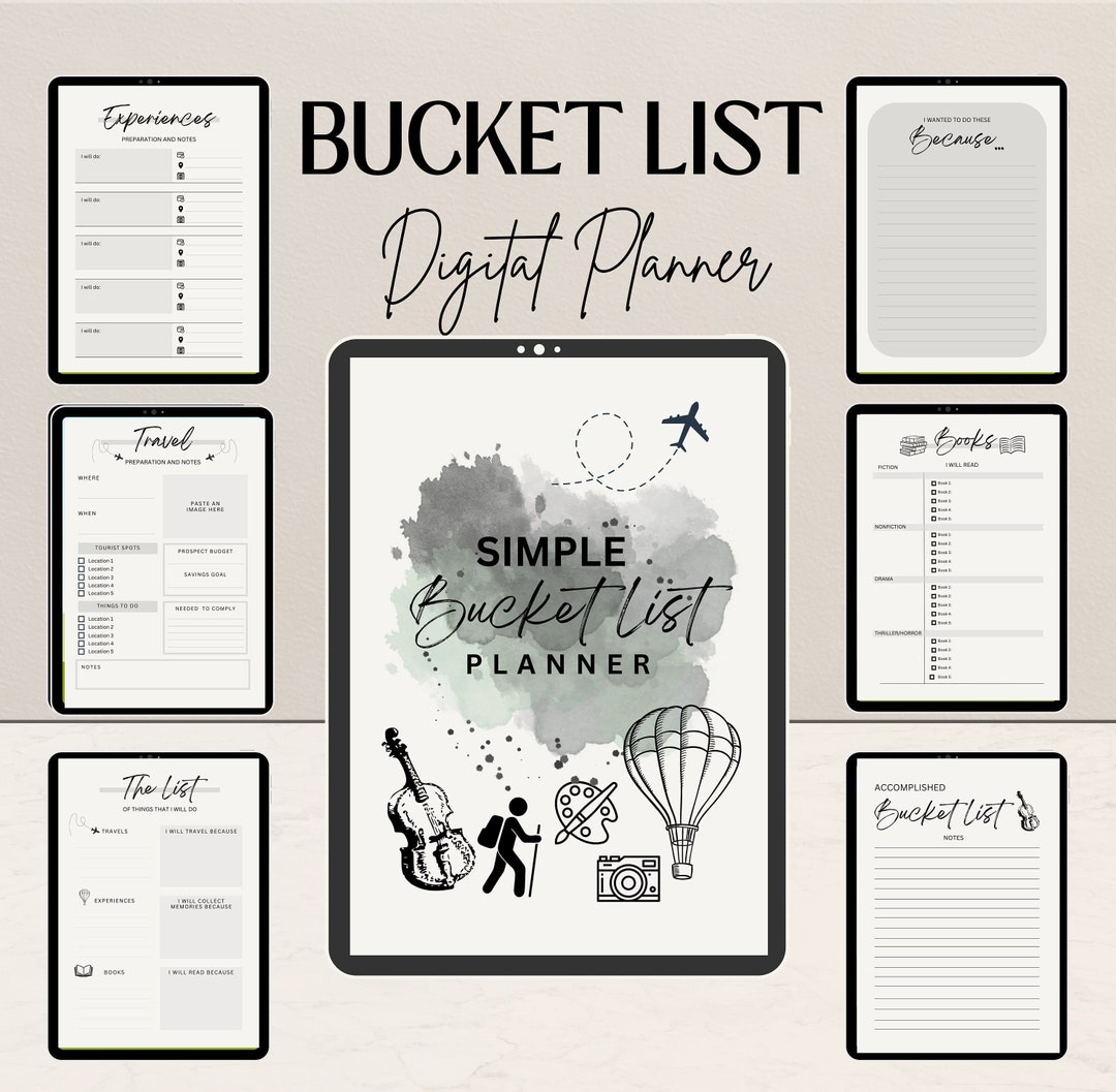 Bucket List Digital Simple Printable Planner, Travel Bucket List, Book ...